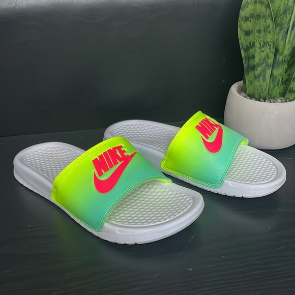 Nike | Shoes | Nike Neon Pink Bluegreen Ombr And White Slides | Poshmark